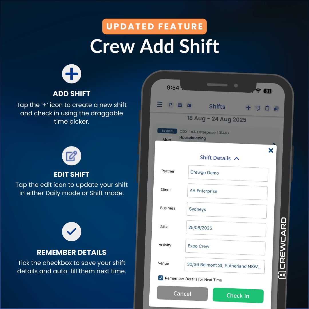 CrewCard App - Crew Add Shift Feature - CrewCard